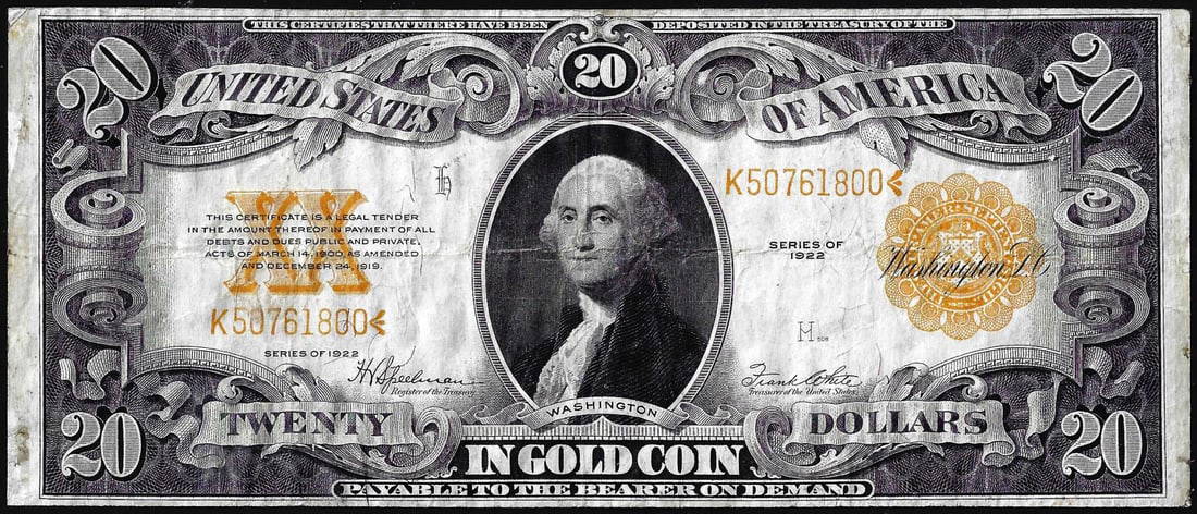 1922 $20 Gold Certificate Note Auction