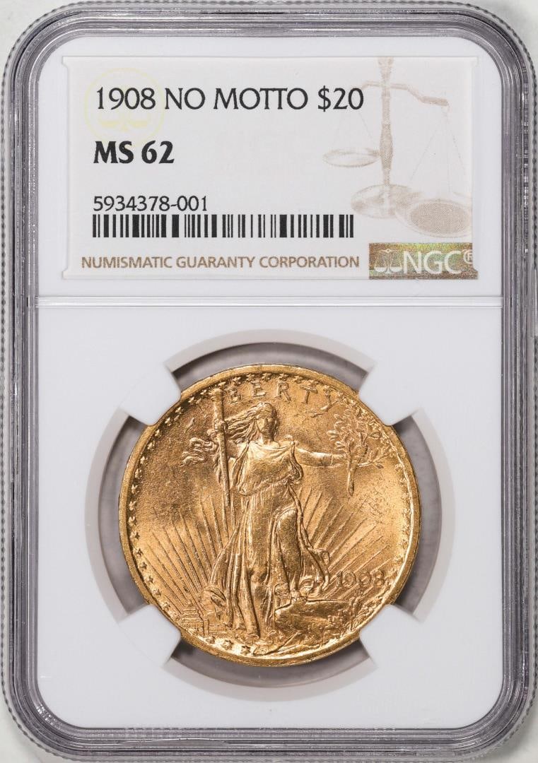 1908 No Motto $20 St. Gaudens Double Eagle Gold Coin Ngc Ms62 Auction