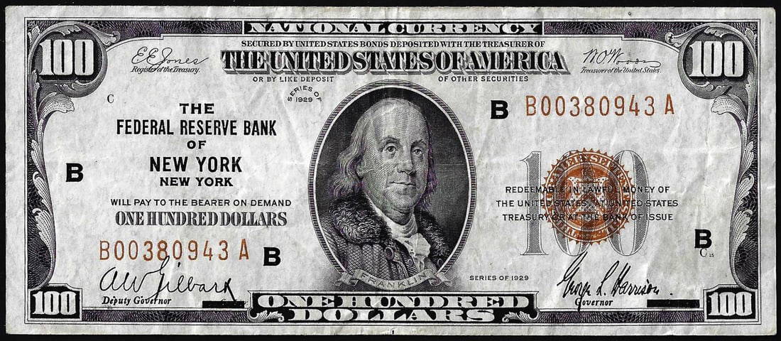 1929 $100 Federal Reserve Bank Note New York Auction