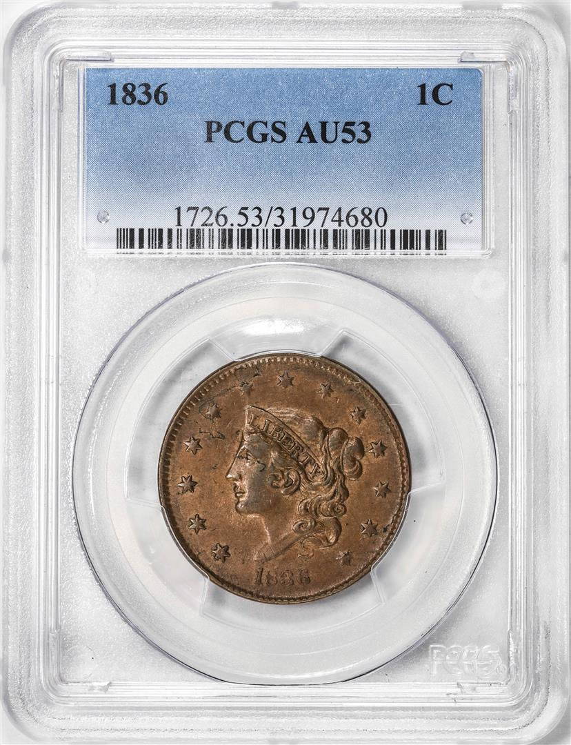 1836 Coronet Head Large Cent Coin Pcgs Au53 Auction