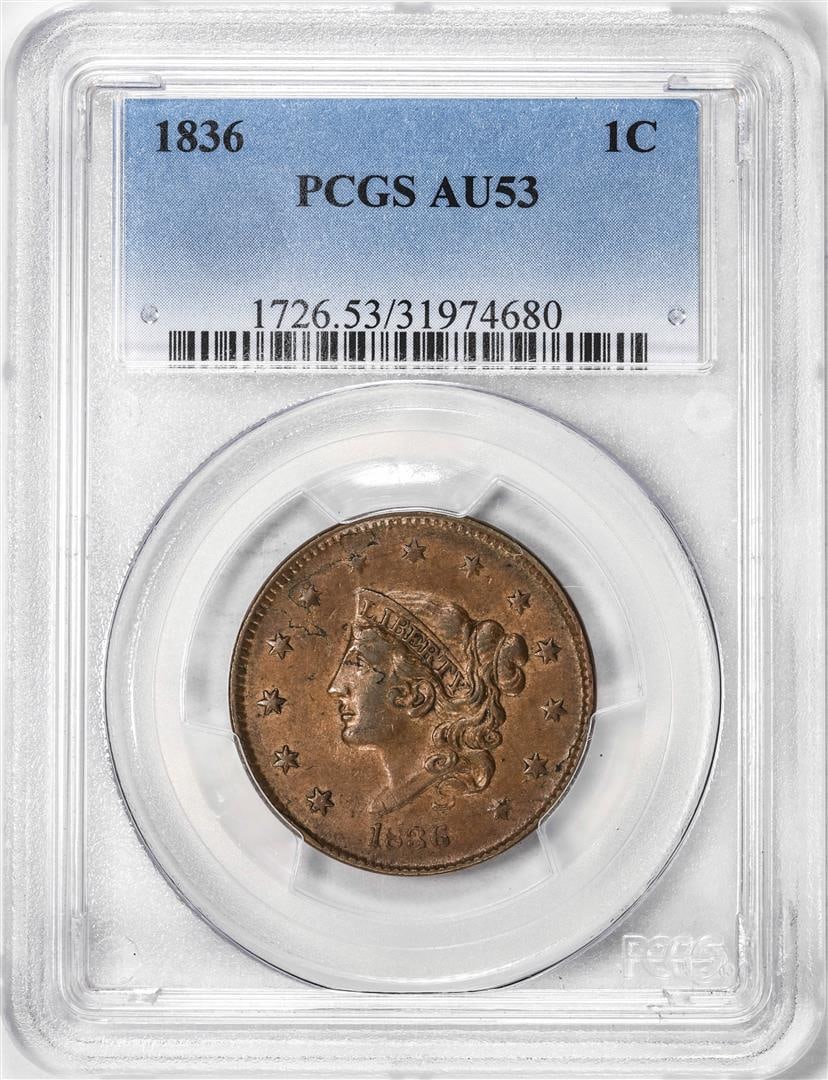 1836 Coronet Head Large Cent Coin Pcgs Au53 Auction