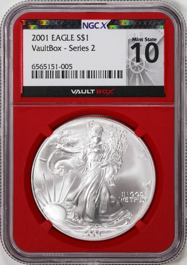 2001 $1 American Silver Eagle Coin Ngcx Mint State 10 Vaultbox Series 2 Auction