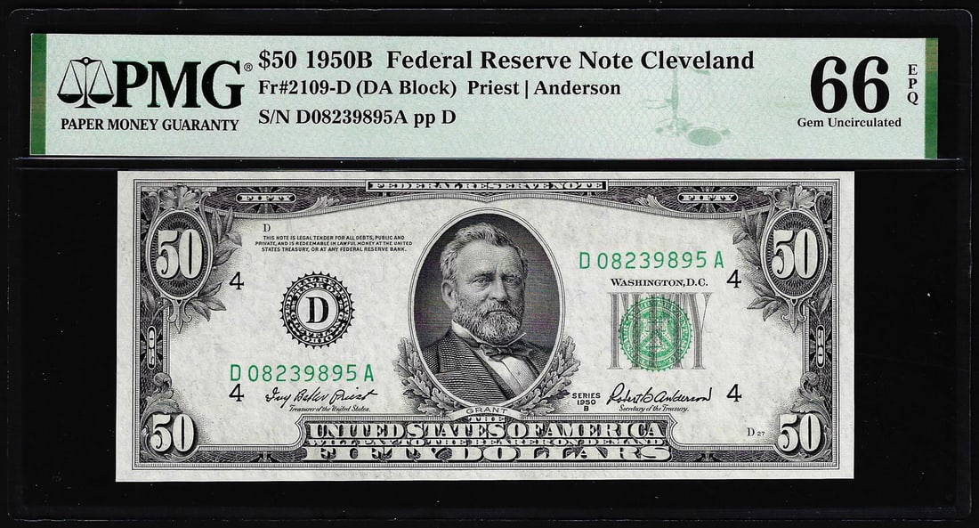 1950b $50 Federal Reserve Note Cleveland Fr.2109-d Pmg Gem Uncirculated ...