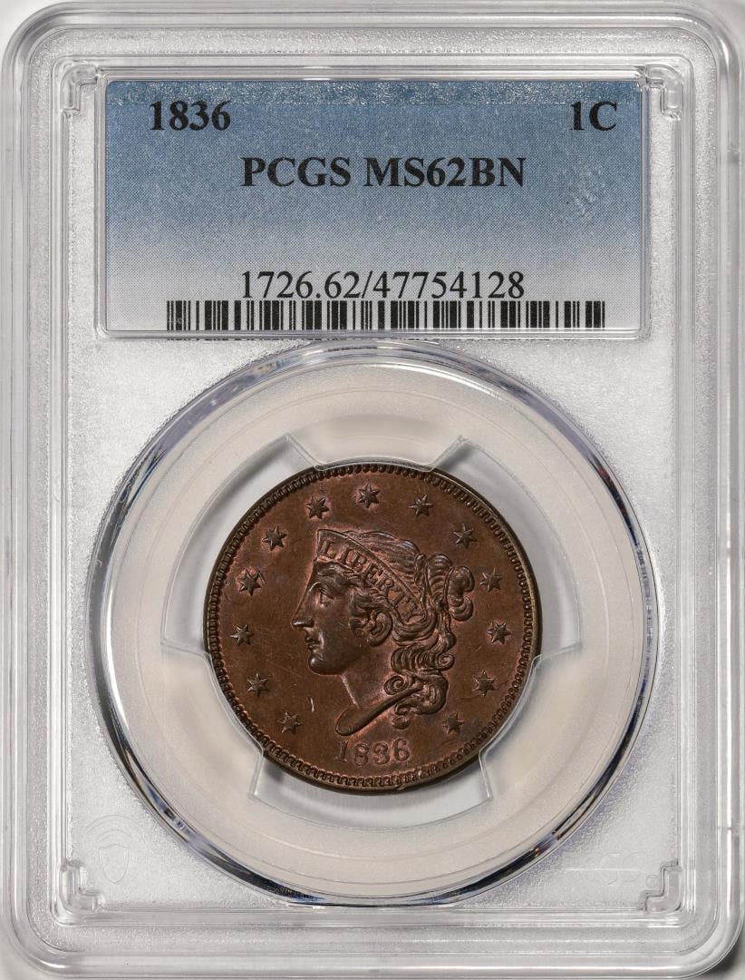 1836 Coronet Head Large Cent Coin Pcgs Ms62bn Auction