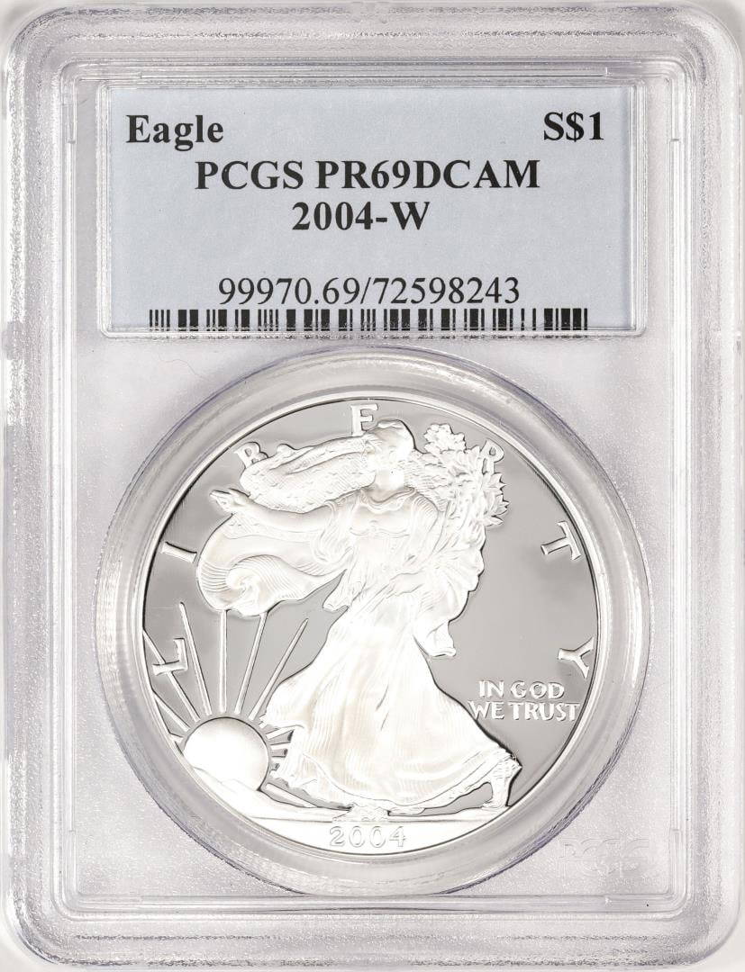 2004-w $1 Proof American Silver Eagle Coin Pcgs Pr69dcam Auction
