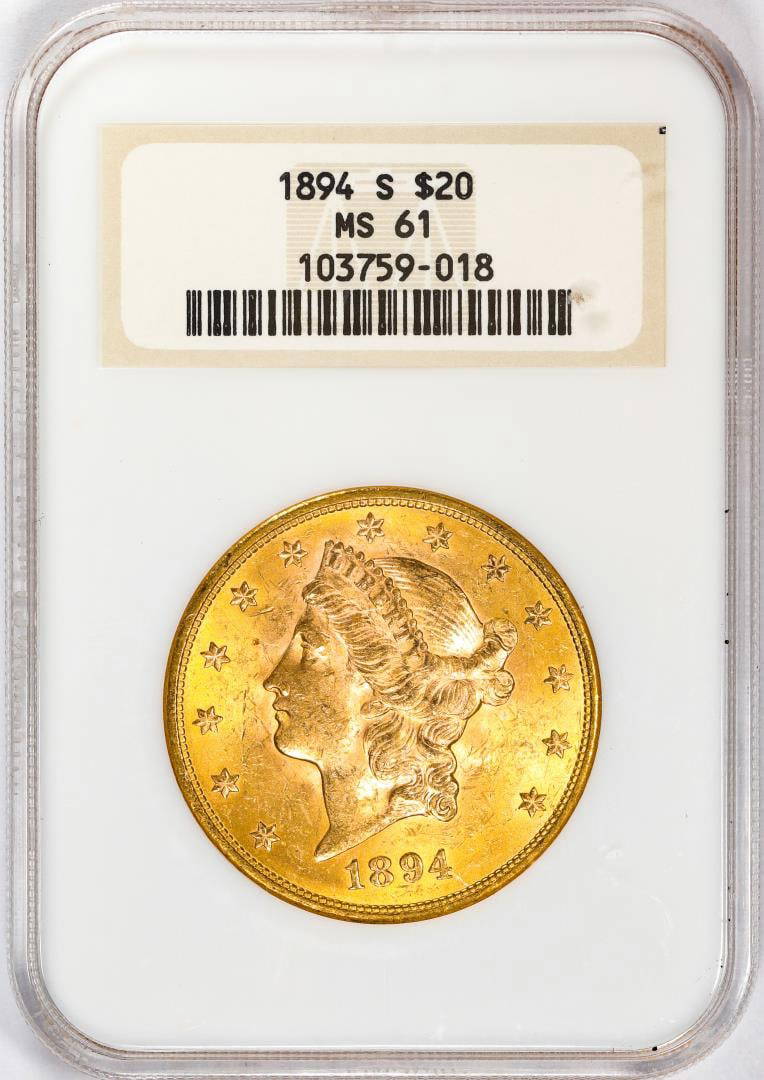 1894-s $20 Liberty Head Double Eagle Gold Coin Ngc Ms61 Old Fatty Holder Auction