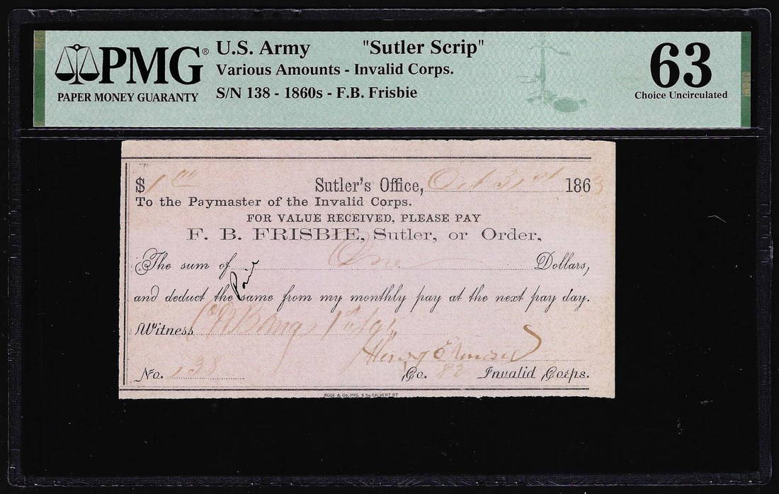 1860s U.s. Army F.b. Frisbie "sutler Scrip" Note Pmg Choice ...