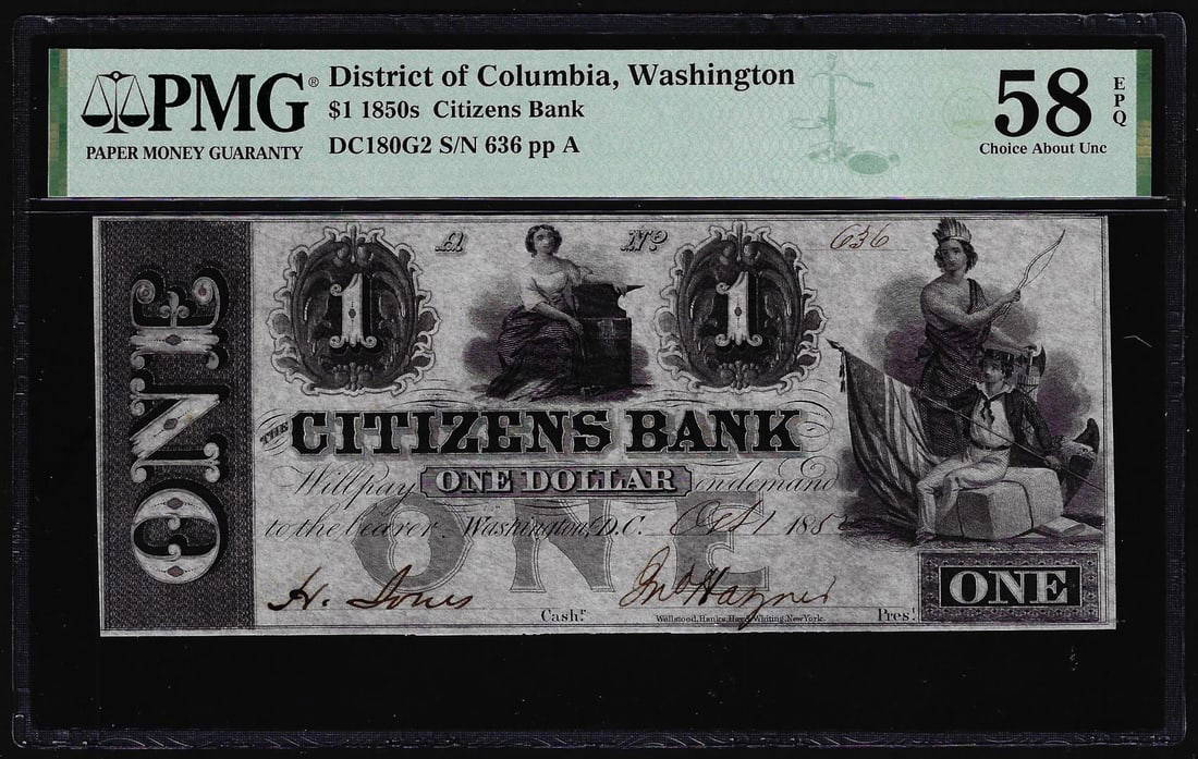 1850s $1 Citizens Bank District Of Columbia Obsolete Note Pmg Choice ...