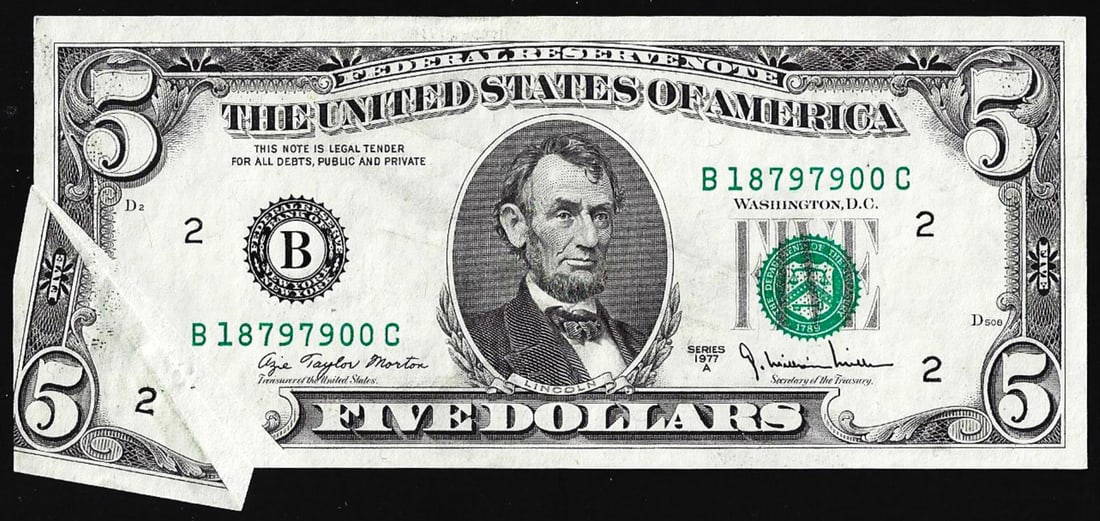 1977a $5 Federal Reserve Note New York Gutter Fold Error Auction