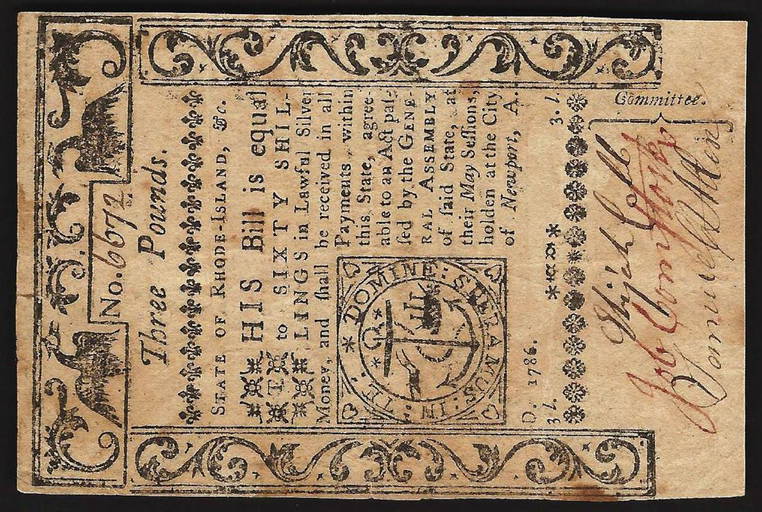 1786 Three Pounds Rhode Island Colonial Currency Note