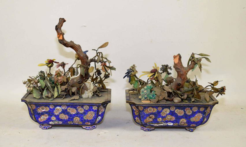 Two Chinese Jade Tree Ornaments In Enameled
