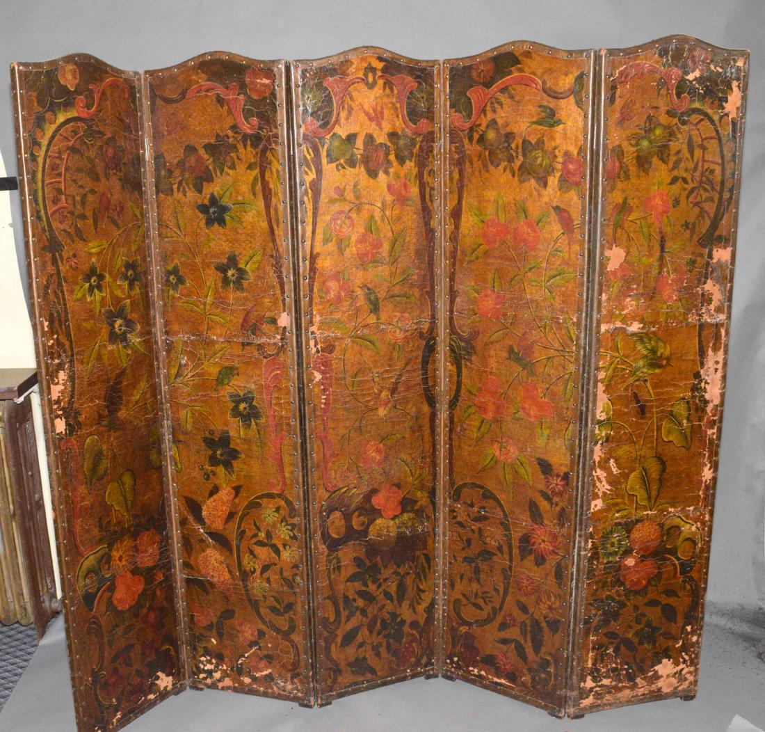 A SPANISH PAINTED-LEATHER FIVE-PANEL FLOOR SCREEN. 18th