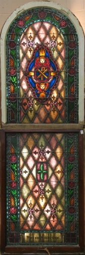 1755: 2 PANEL CHI RHO STAINED GLASS WINDOW