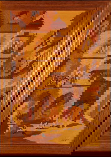 German Inlaid Wood Scene.