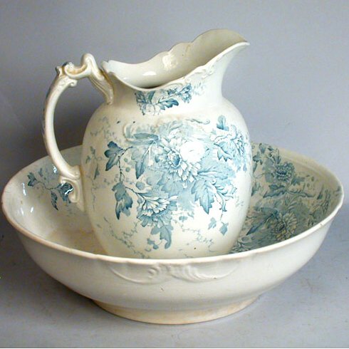 396: WATER PITCHER & BASIN. Blue transferware