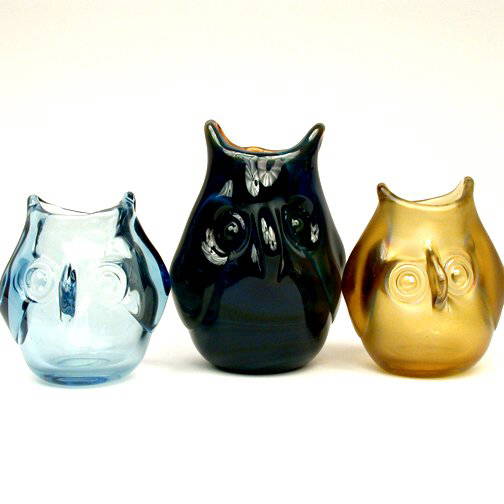 Trio Of Labino Art Glass Owls