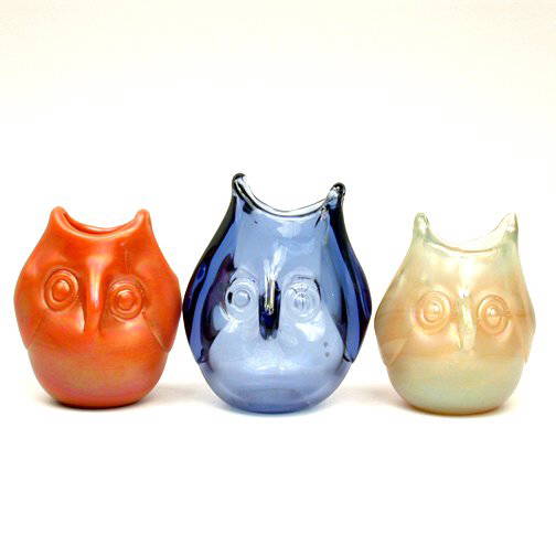Three Blown Glass Labino Owls