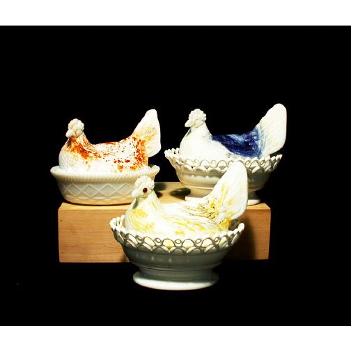 Three Slag Glass Nesting Hens
