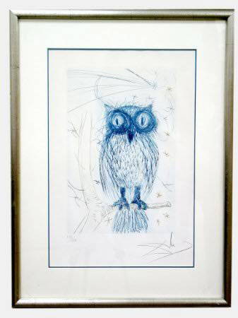 Dali Owl Print. 20th C. Drypoint In Blue Ink. S