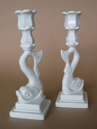 Pair Of Sandwich Milk Glass Dolphin Candlesticks