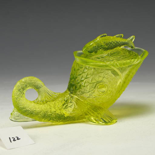 Vintage Uranium Glass Rare Fish Sculpture Jelly Jar