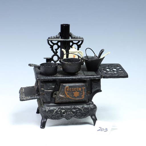 Crescent Cast Iron Miniature Stove With Pots, Pans, Kettle, And Bucket