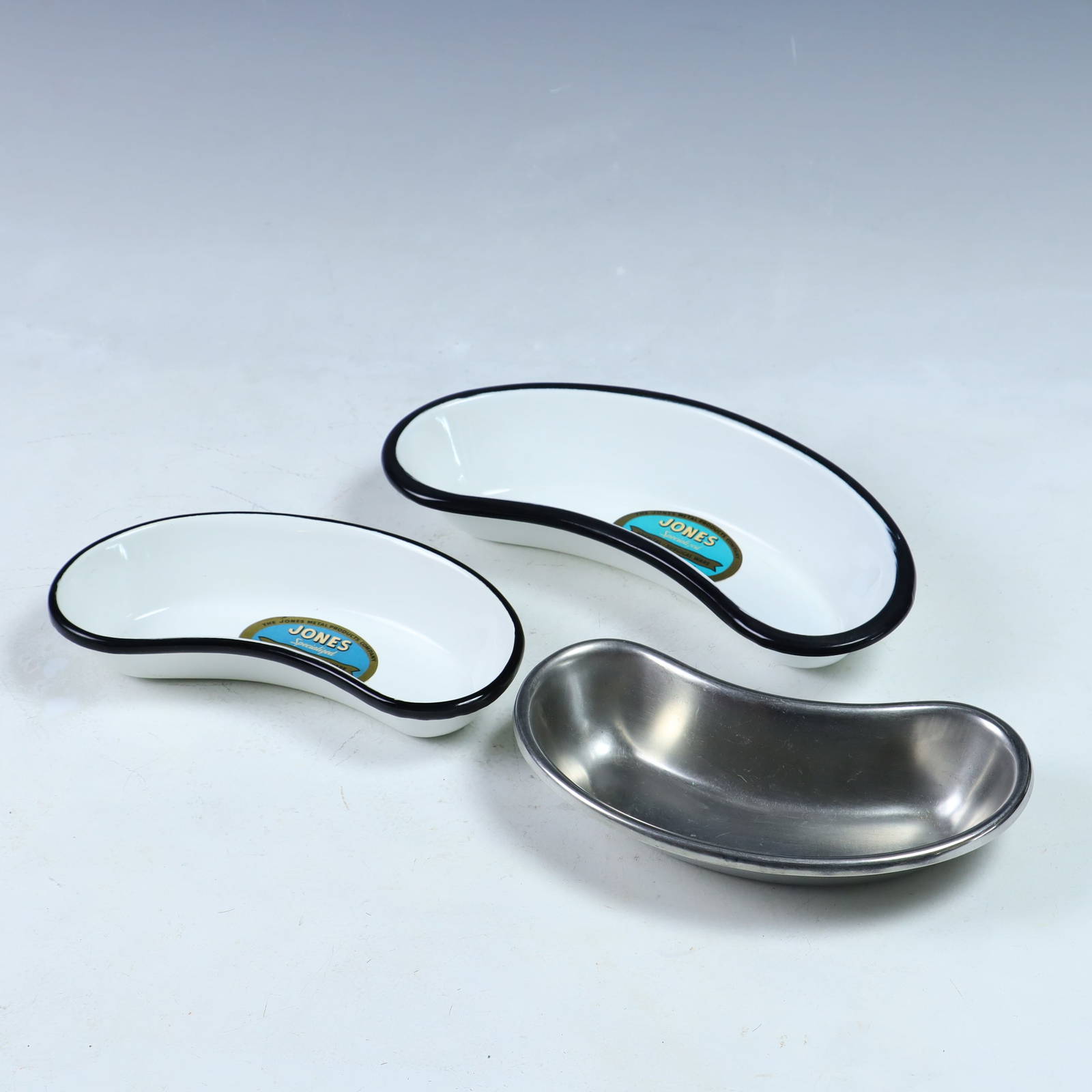 Two Antique Jones Medical Enameled Kidney Shaped Basins And A Stainless ...