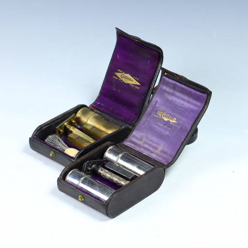 Two Antique Travel Shaving Razor Kits In Leather Cases By Gillette