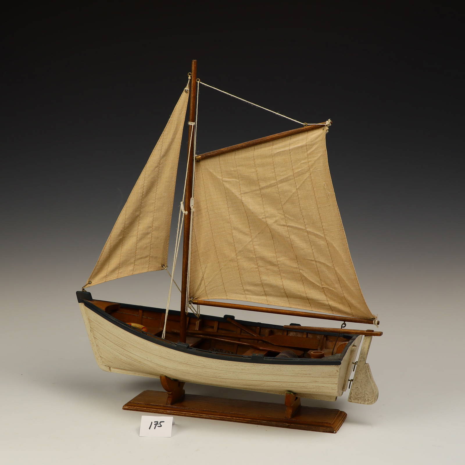 Wooden Lobster Boat Skiff With Net, Trap, Sails And Oars On Stand Auction