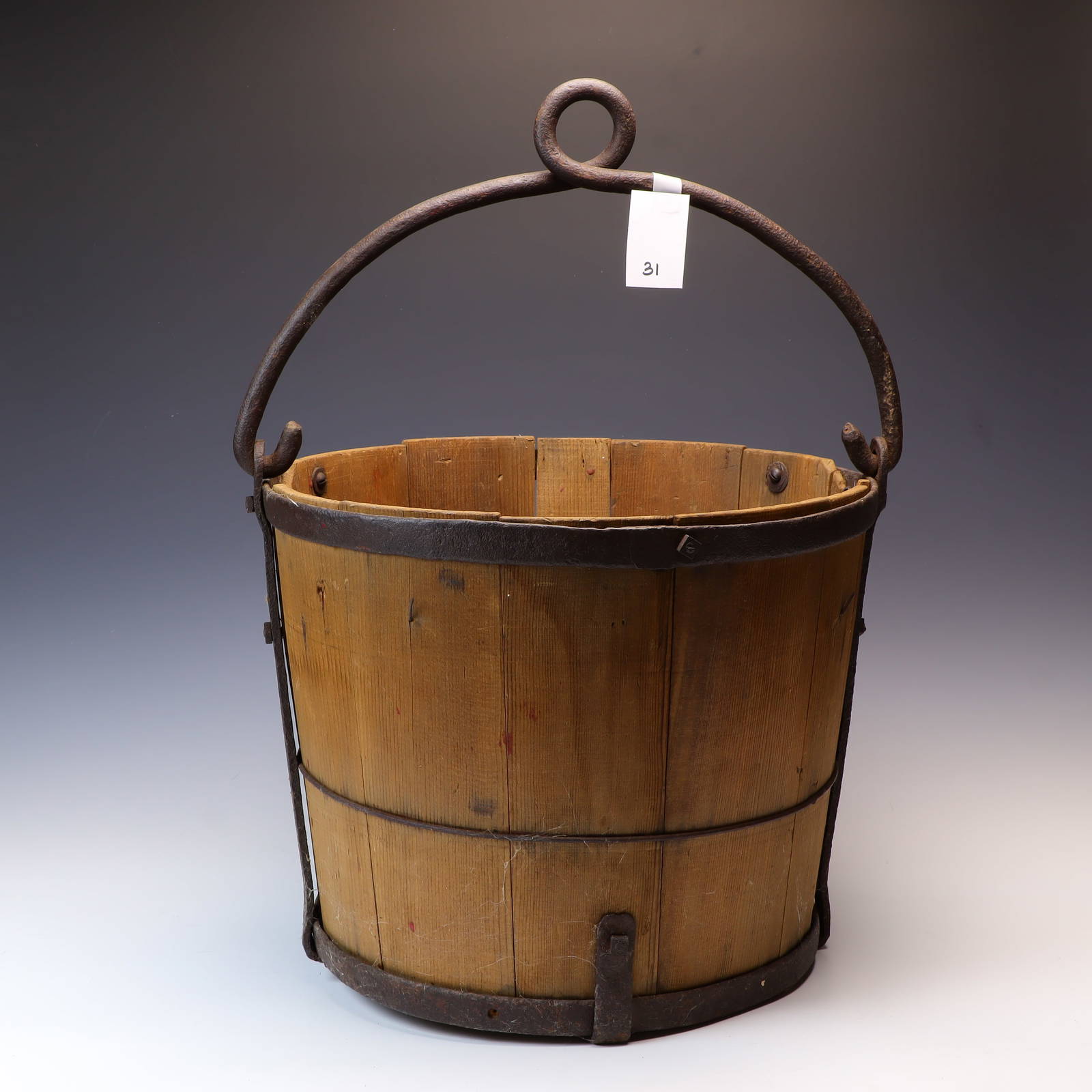 Large Heavy Primitive Wooden And Cast Iron Bucket Auction