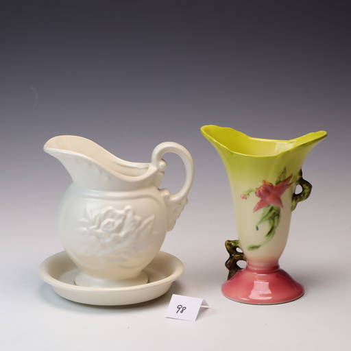 Mid Century Hull Pitcher With Underplate And A Vase