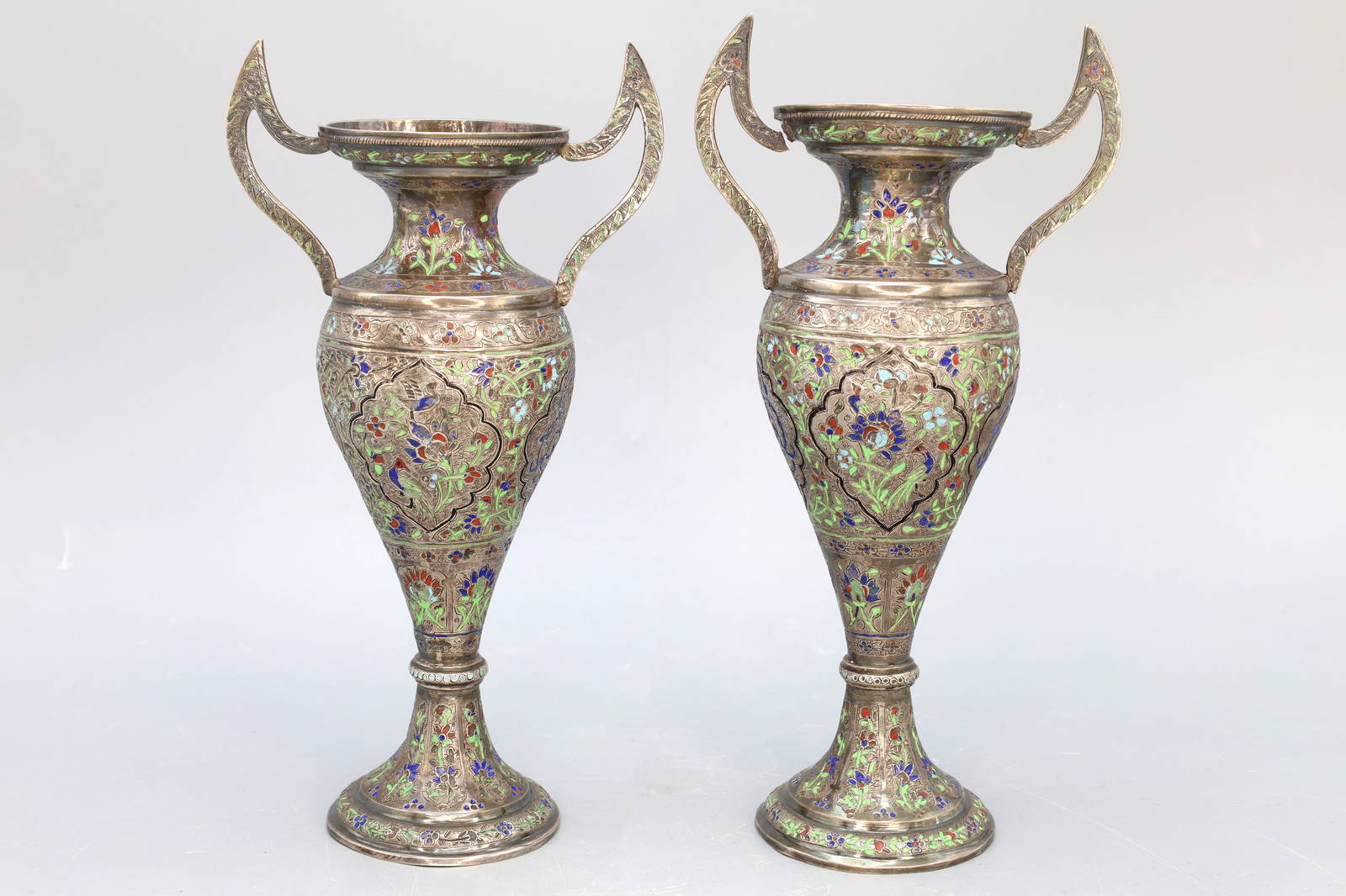 Antique Persian Late Qajar Vases, Fine High Grade Silver And Enamel, A ...