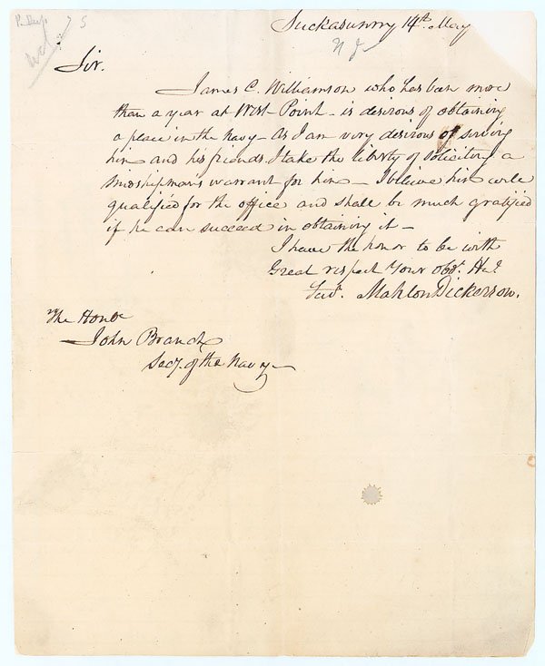 Letter To John Branch, Secretary Of The Navy, From