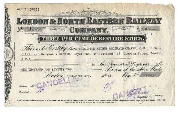 Rw Stock Issued To Brig. Arthur Reginald Chater