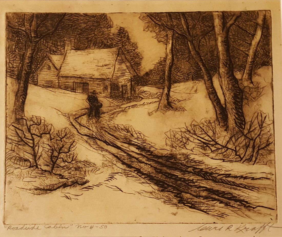 Carl Krafft Signed Etching Roadside Cabin