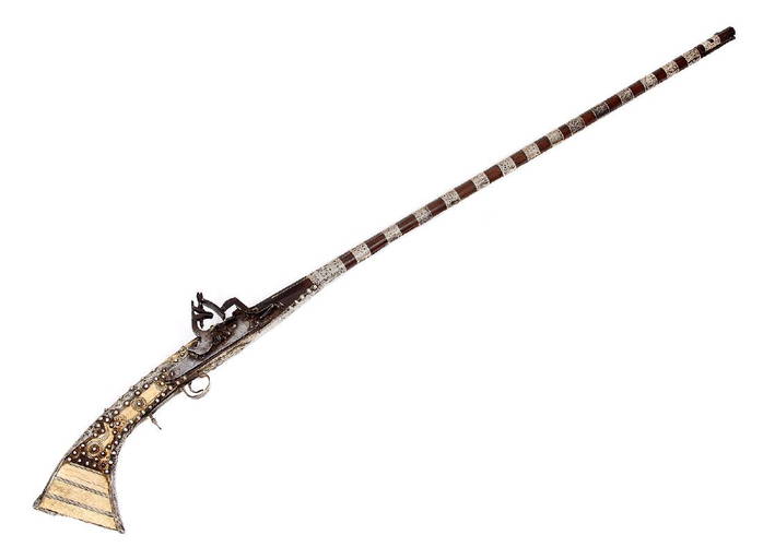 19th C. Moroccan Snaphaunce Rifle In Silver Mounts