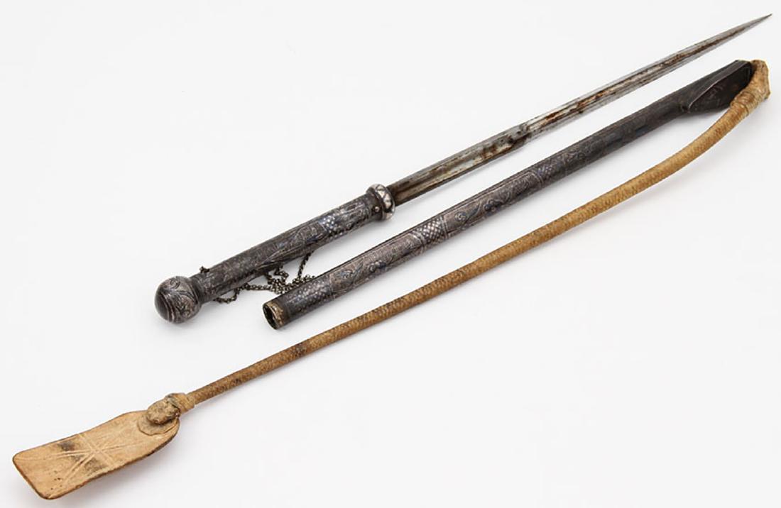 ISLAMIC CAUCASIAN SILVER WHIP WITH DAGGER,19TH C.