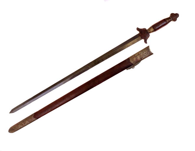 A Chinese Jian (double Edged Sword), Brass Mounted, 19th C.
