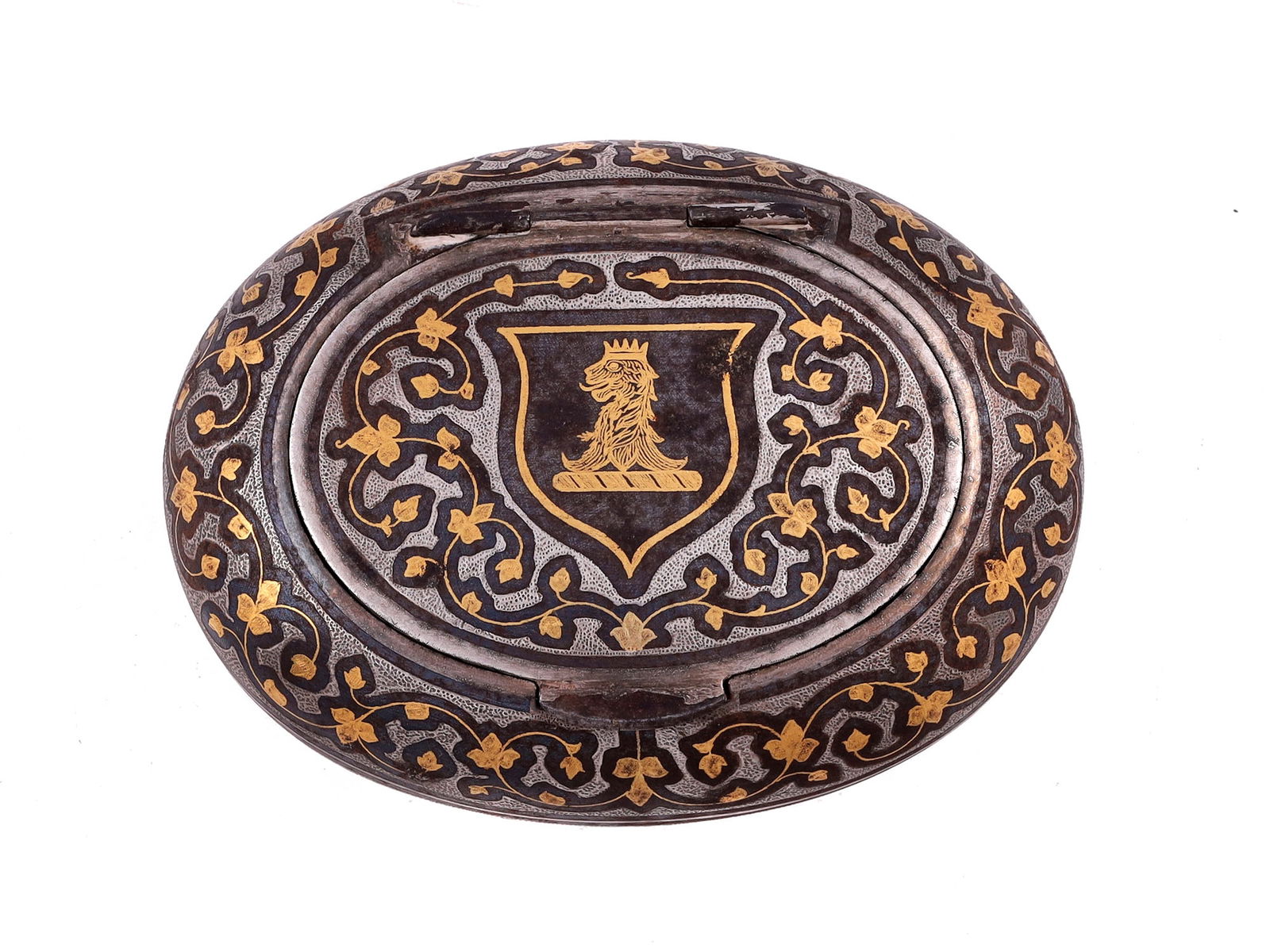 An Iron Oval-shape Box With Gold And Silver Inlay, 19th C. Auction