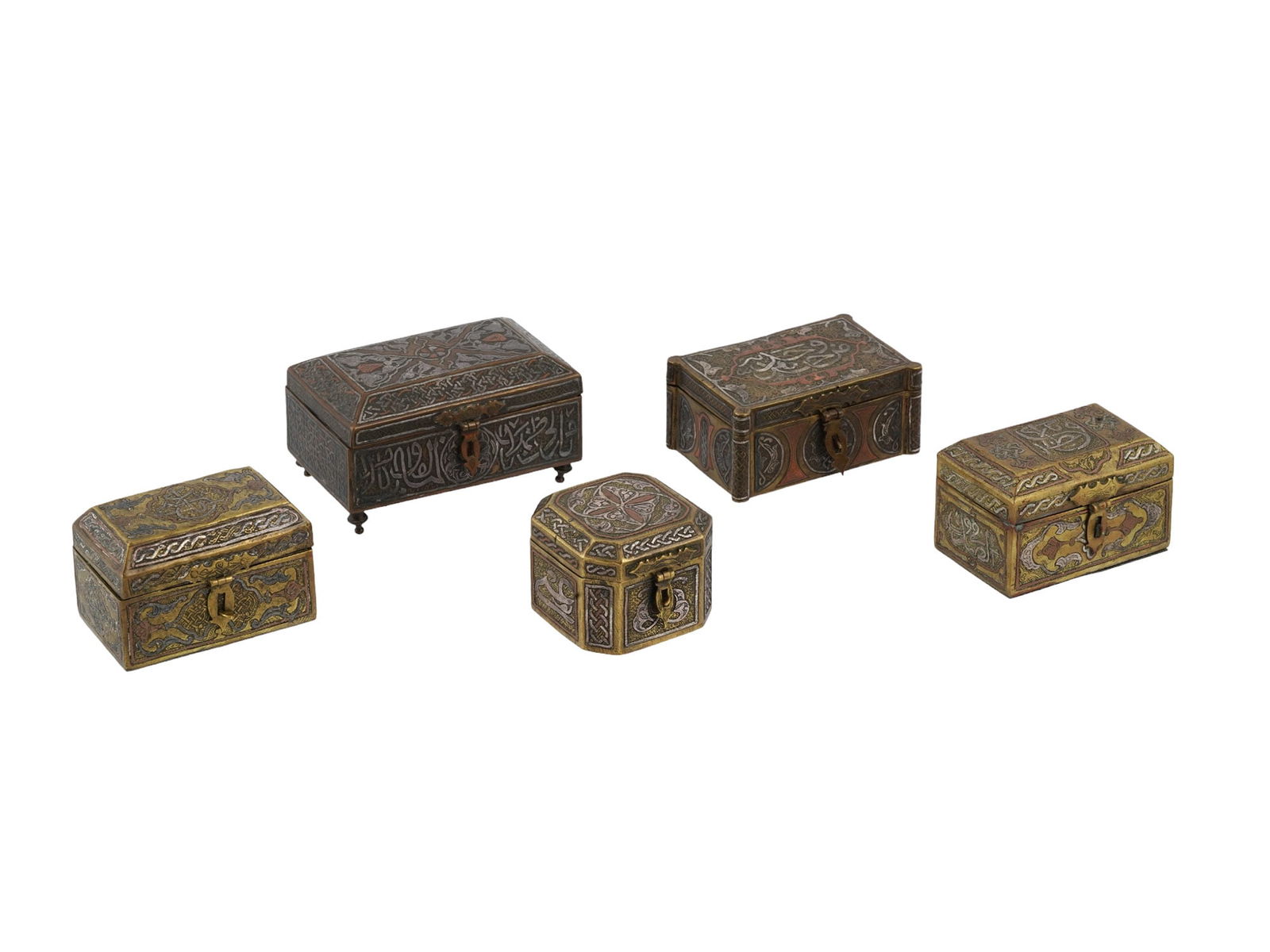 A Collection Of Five Engraved Islamic Boxes With Silver Inlay Auction