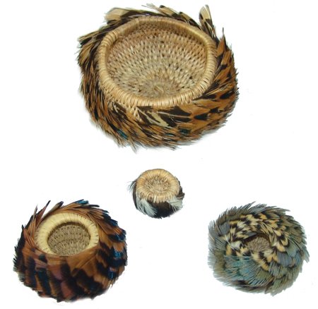 4 Miniature Pomo Feather Baskets
