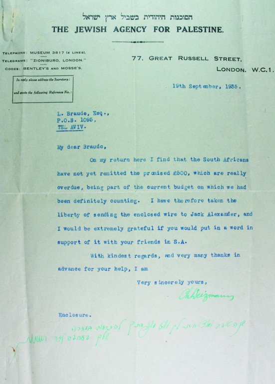 Letter By Chaim Weizmann, The President Of The Zionist