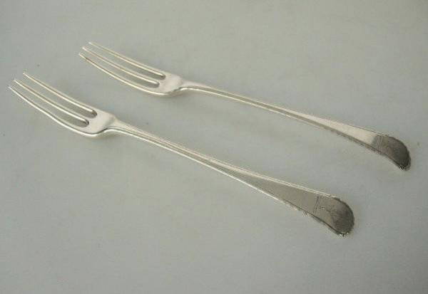 Pair Old English Feather Edged Three Tyned Forks
