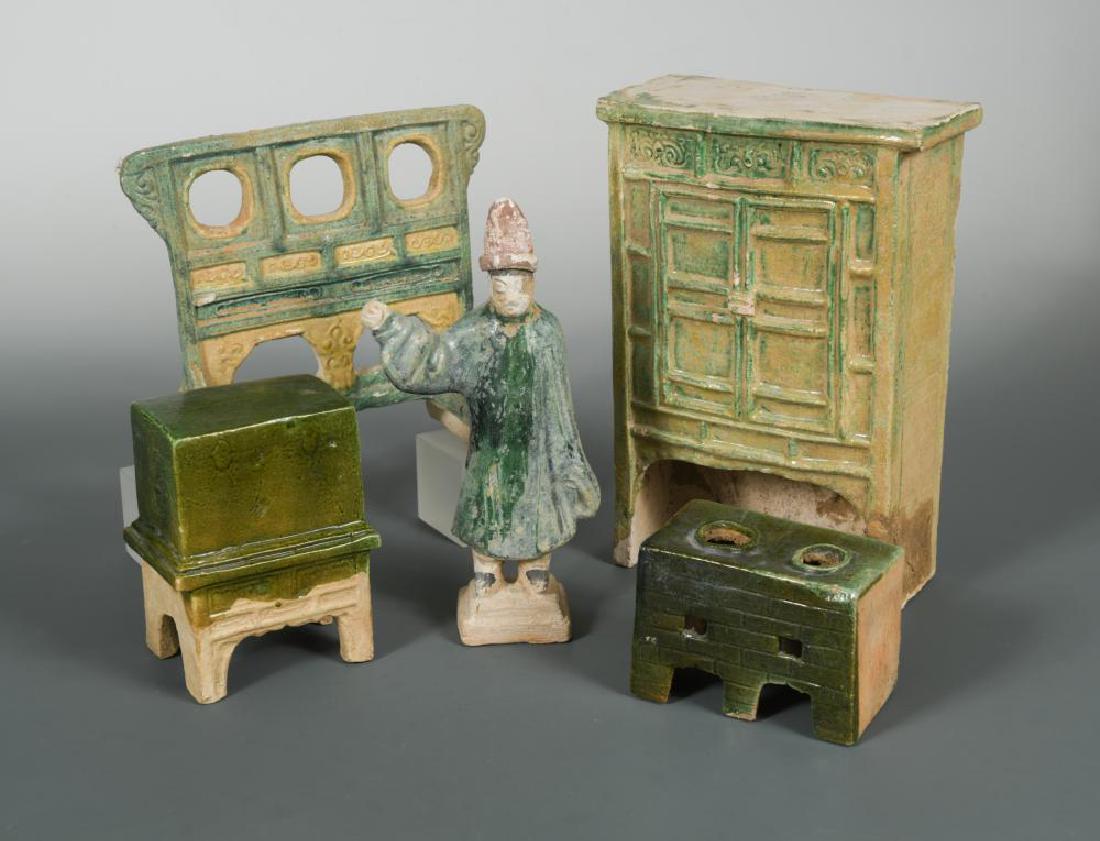 A set of model furniture - a cupboard, stove, chest,