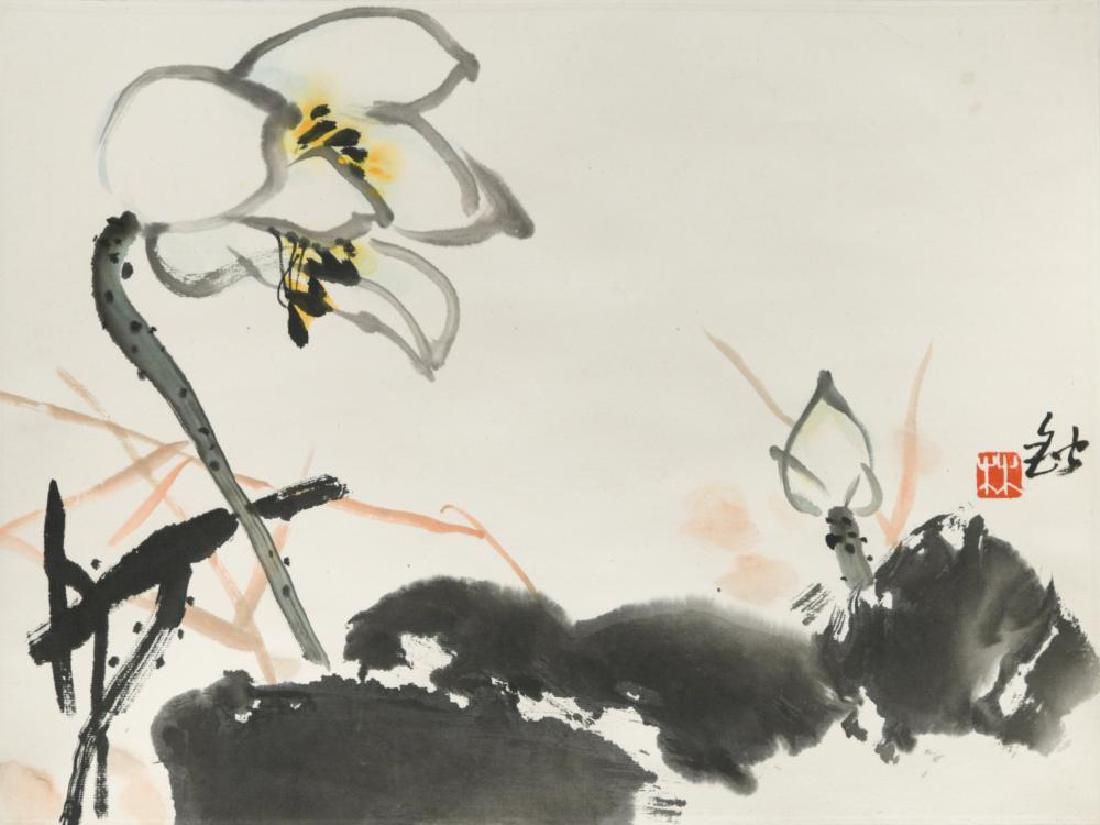 Lin Kai (1924-2006) White lotus mounted; ink and colour