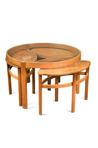 A Nathan Teak Trinity Circular Glass Top Table With Nest Of Three ...