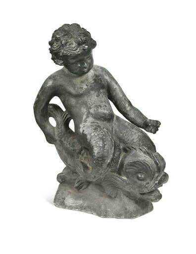 A Lead Figure Of A Merman Riding A Stylised Dolphin, Early 20th Century,