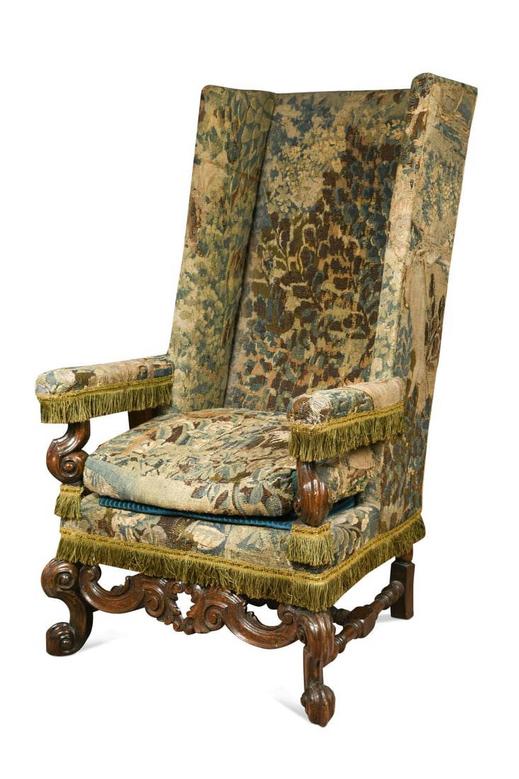 A Carolean Carved Walnut And Oak Needlework Upholstered Wingback ...