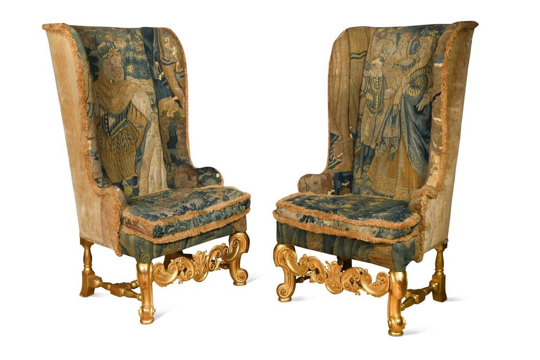 A Pair Of Carolean-style Carved Giltwood Wingback Armchairs, 19th ...
