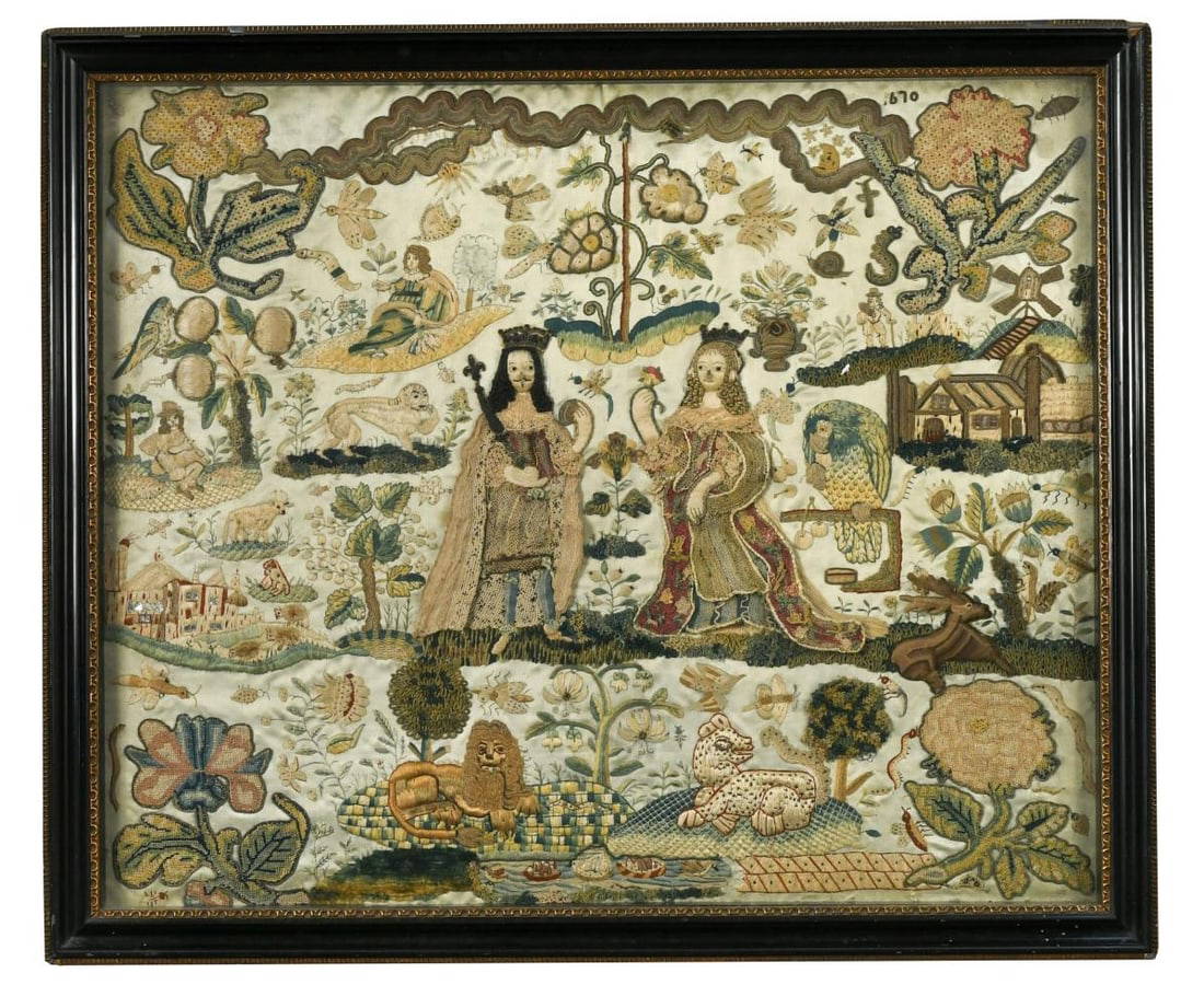 A Stumpwork Picture Of Charles Ii And Catherine Of Braganza, Dated 1670 ...